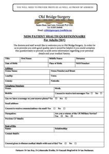 New Patient Health Questionnaire – Adults – Old Bridge Surgery