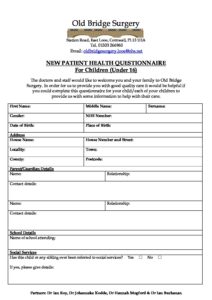 New Patient Health Questionnaire – Children – Old Bridge Surgery